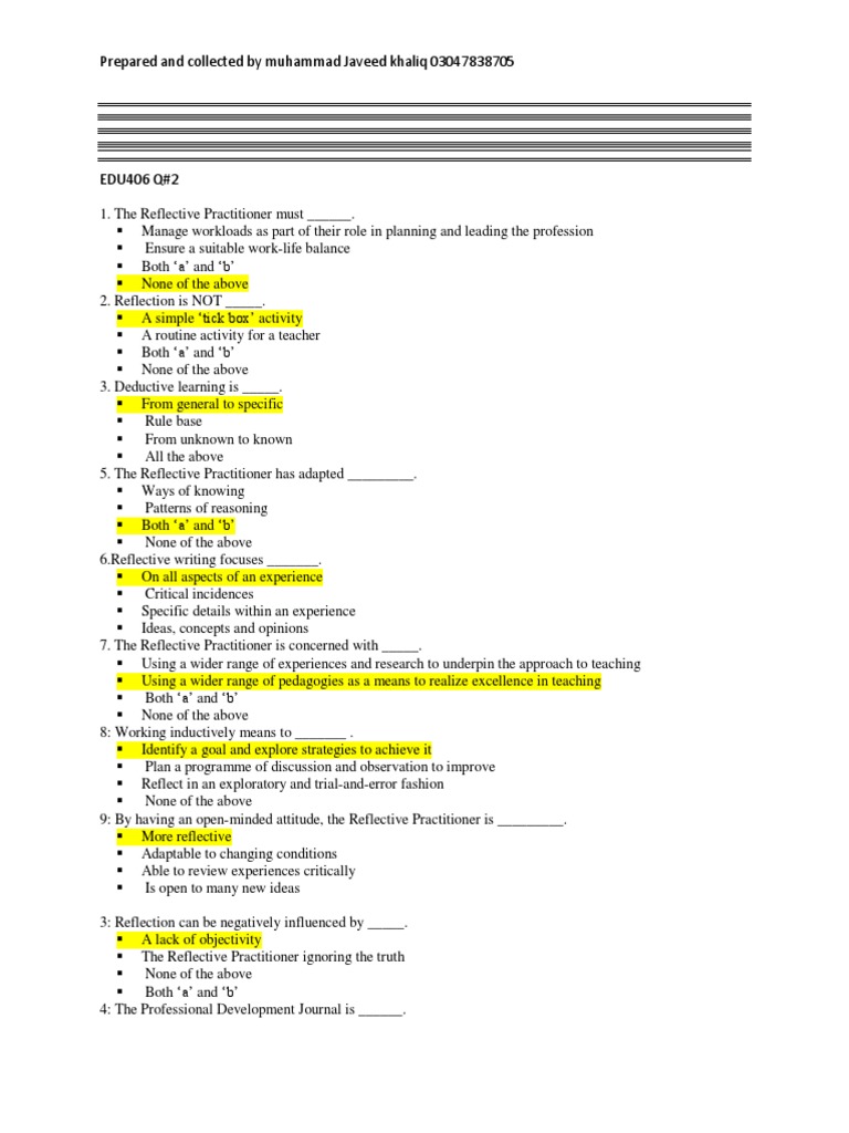 EDU406 MCQ | PDF | Reflective Practice | Critical Thinking