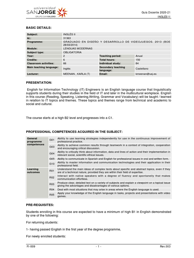 Guia Docente Ingles II | PDF | Teaching Method | Test (Assessment)