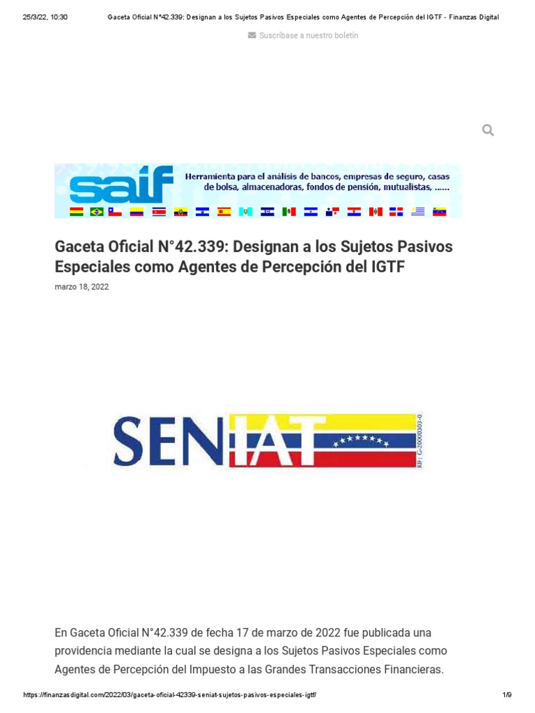 Gaceta Oficial N°42.339 - SENIAT IGTF 2022 | PDF | Impuestos | Venezuela