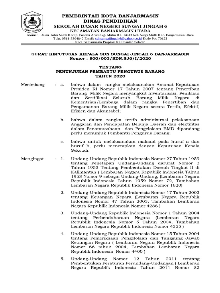 Contoh SK Pengurus Barang Sekolah 2020 | PDF