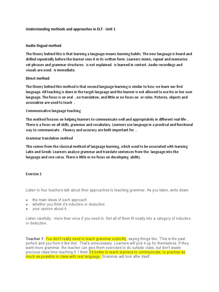 Understanding Methods and Approaches in ELT Unit 1 | PDF | Learning | Language Education