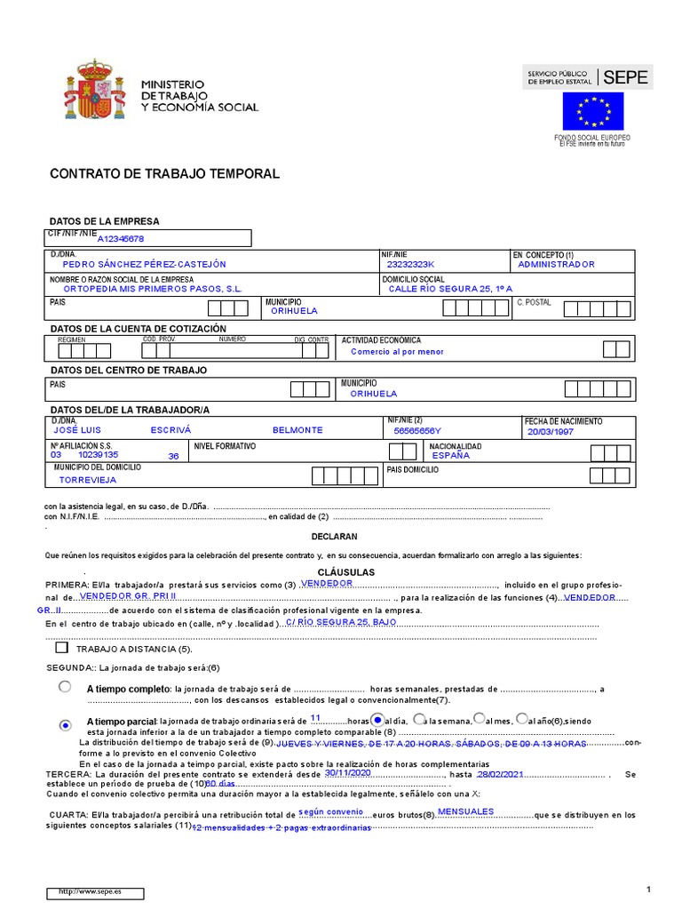 Modelo de contrato de trabajo en España | PDF | Tiempo de trabajo ...