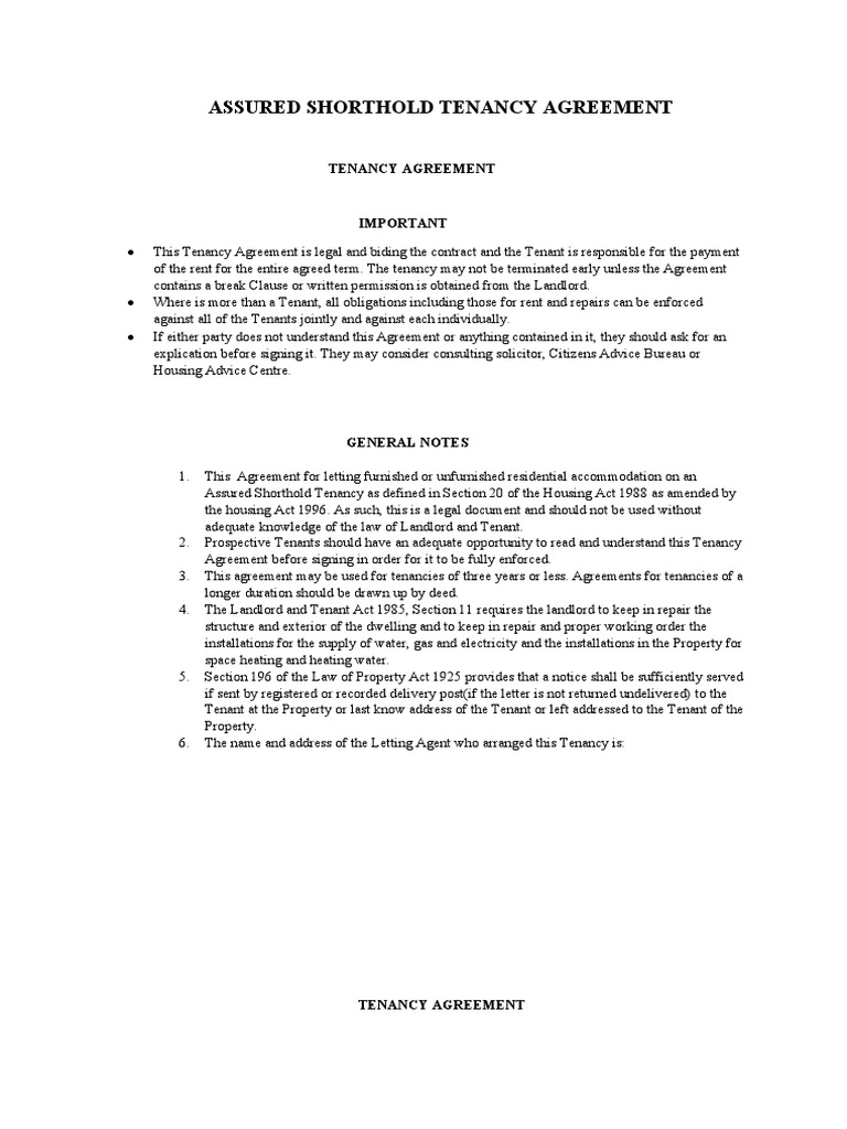 Assured Shorthold Tenancy Agreement | Download Free PDF | Leasehold Estate | Landlord