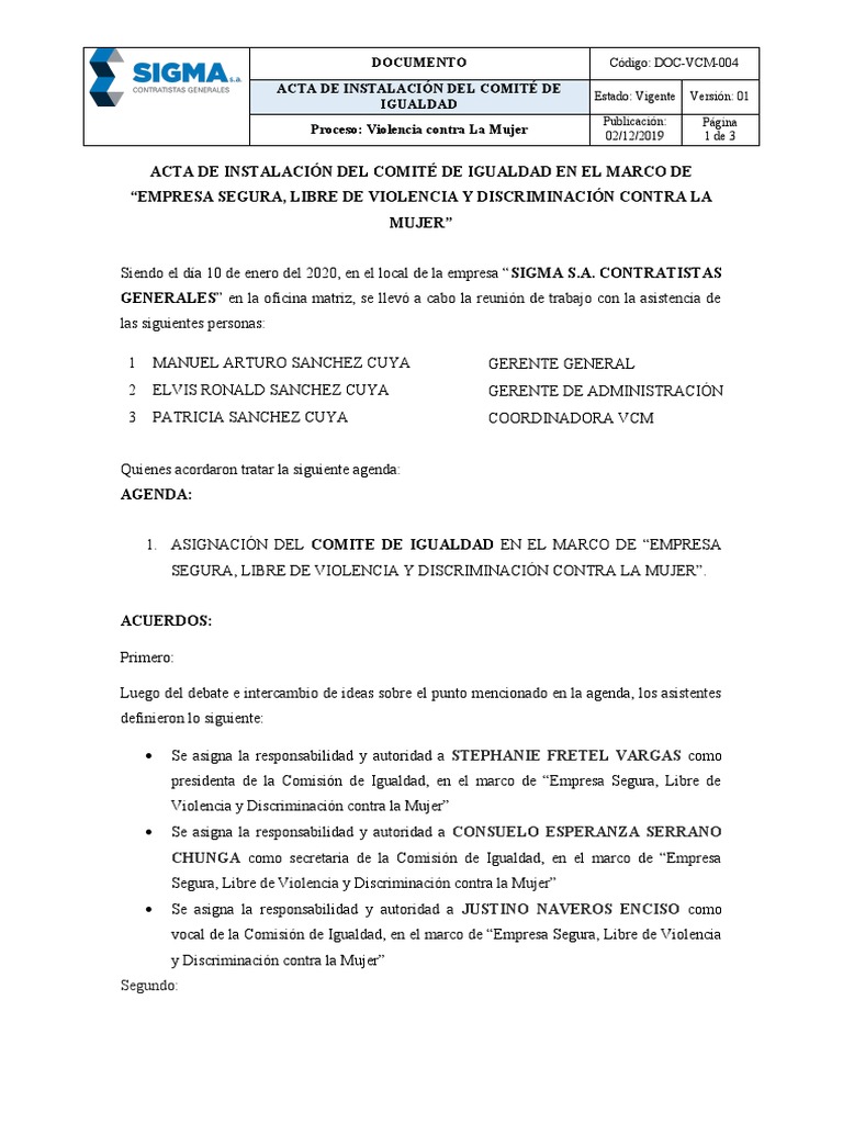 Doc-Vcm-004 Acta de Instalación de Responsabilidades - Comité de Igualdad | PDF | Igualdad de ...