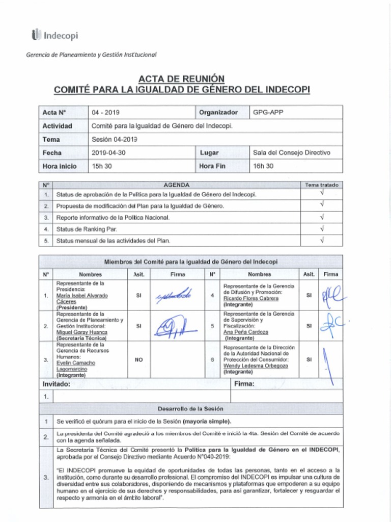 Acta de Reunión 04-2019 Del Comité Para La Igualdad de Género Del Indecopi. | PDF