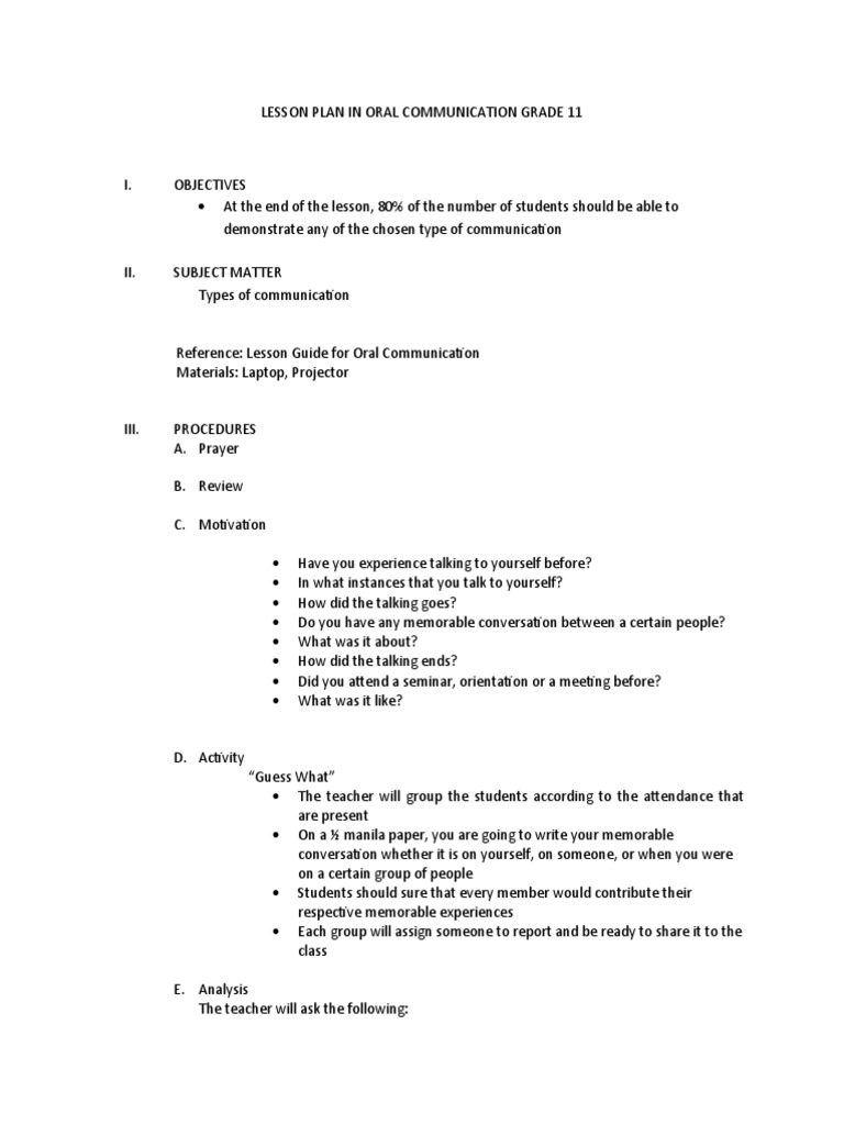 Grade 11 Oral Communication Lesson Plan | PDF | Communication | Linguistics