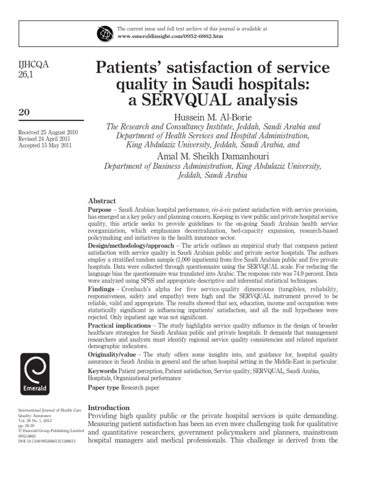 Patients' Satisfaction of Service Quality in Saudi Hospitals: A SERVQUAL Analysis | PDF ...