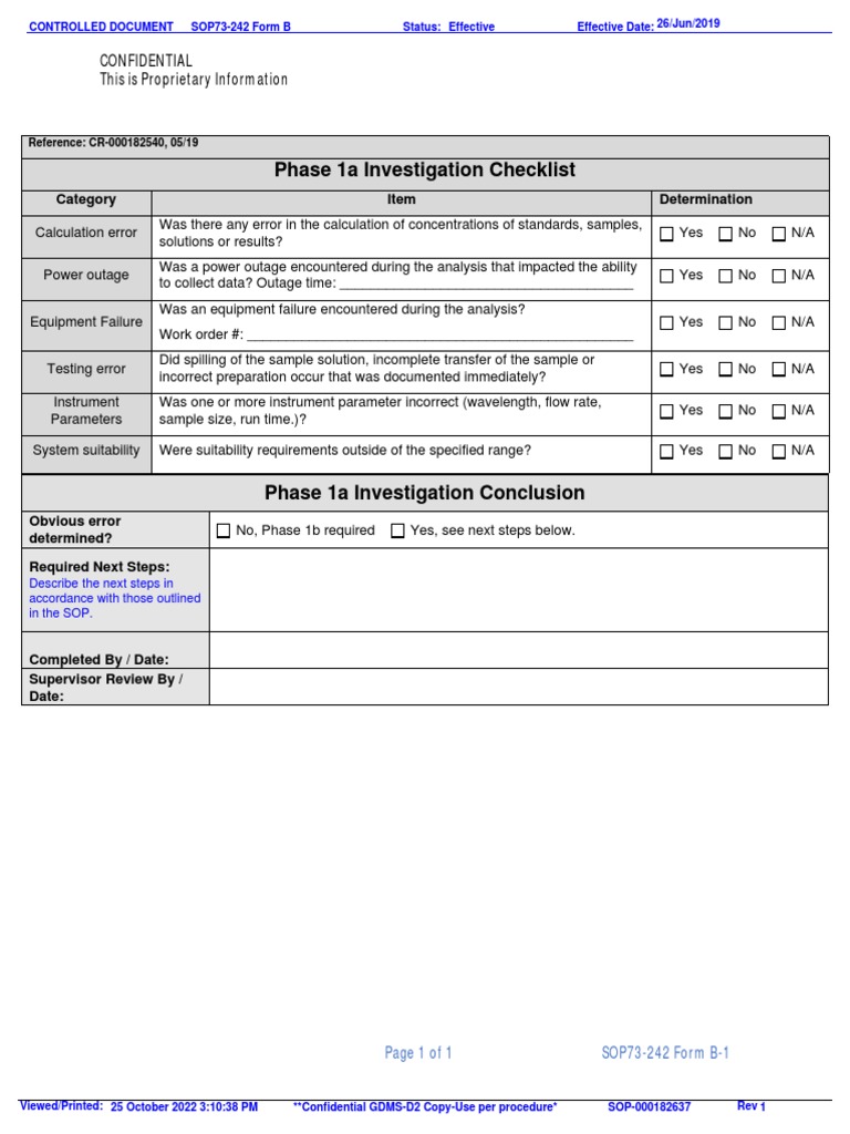 SOP-000182637 Phase 1a Investigation Checklist | PDF | Sampling (Statistics) | Science