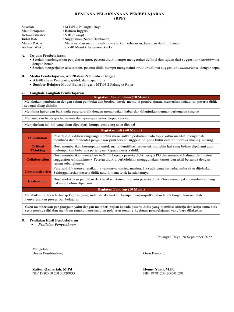 RPP Amel - Suggestion (Pertemuan Ke 1) | PDF