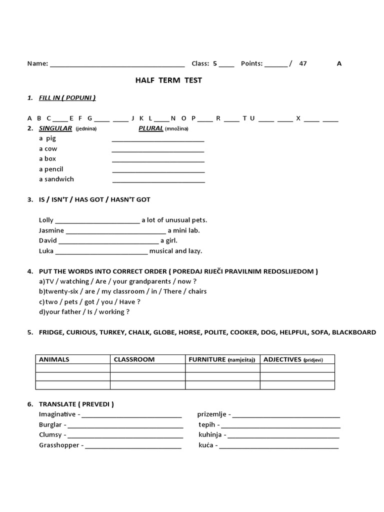 Half Term Test 5 Raz A | PDF