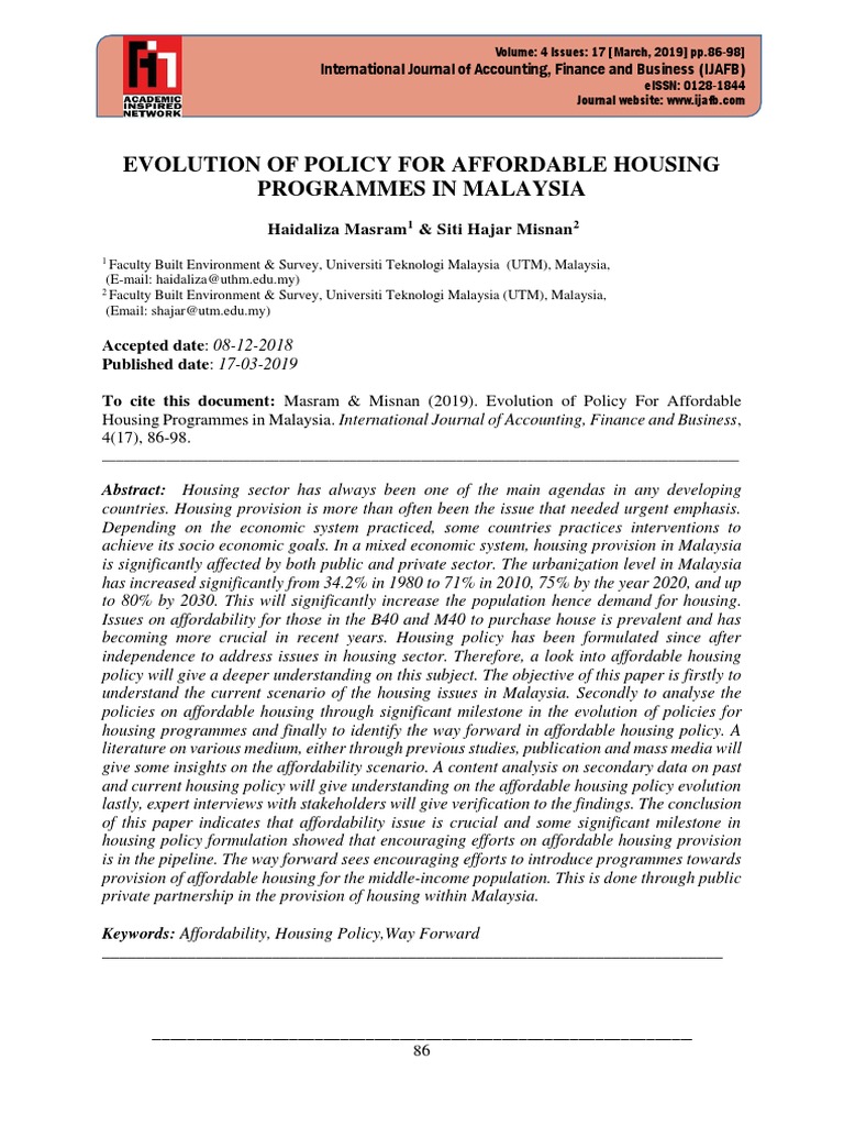 Evolution of Policy For Affordable Housing Programmes in Malaysia | PDF ...