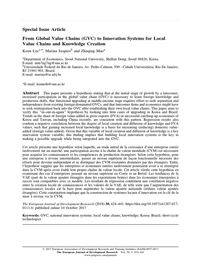 Special Issue Article From Global Value Chains (GVC) To Innovation ...