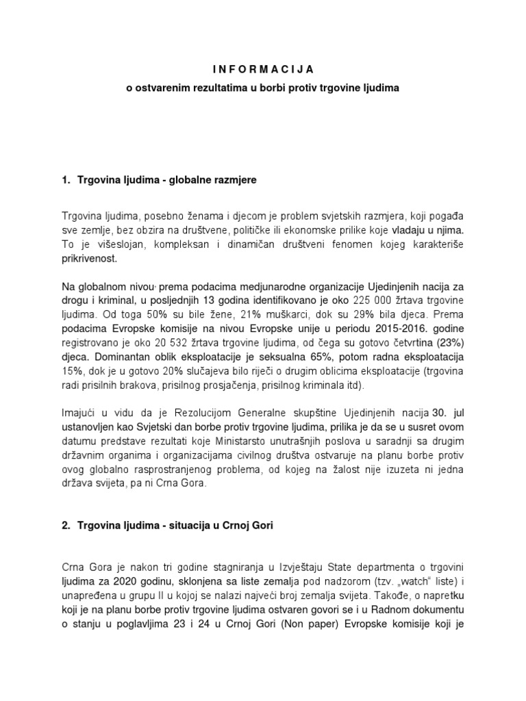 Trgovina Ljudima CG - Rezultati | PDF