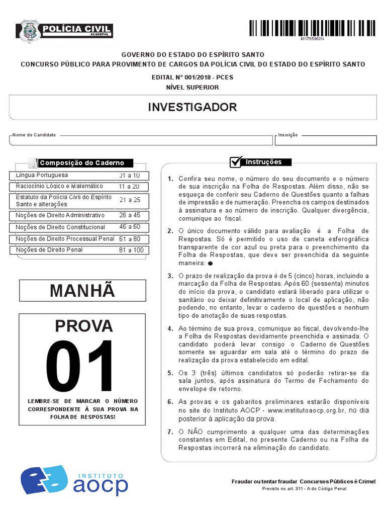 Instituto Aocp 2019 PC Es Investigador Prova | Download grátis PDF ...