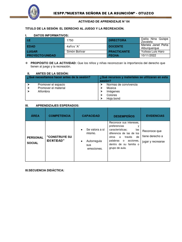 El Derecho Al Juego y A La Recreación-Yulissa-Sesión de Aprendizaje | PDF