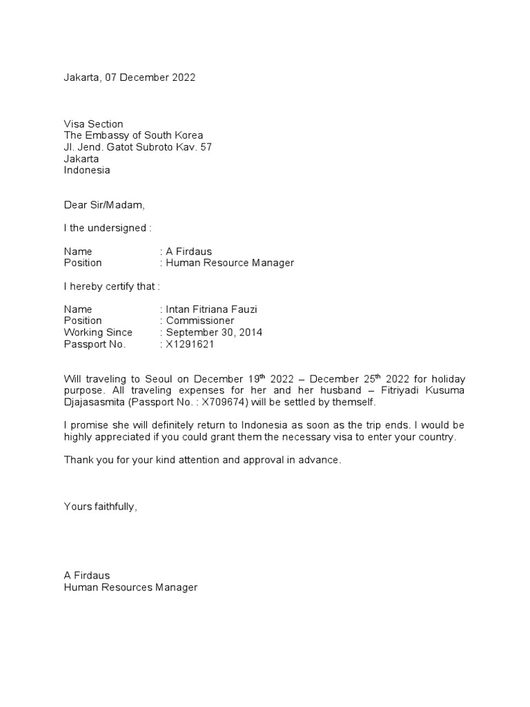 Korean Visa Request Mrs Intan | PDF