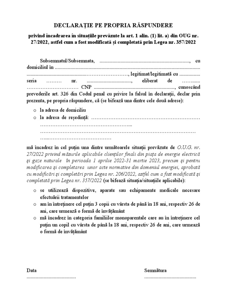 Model Declaratie Proprie Raspundere | PDF