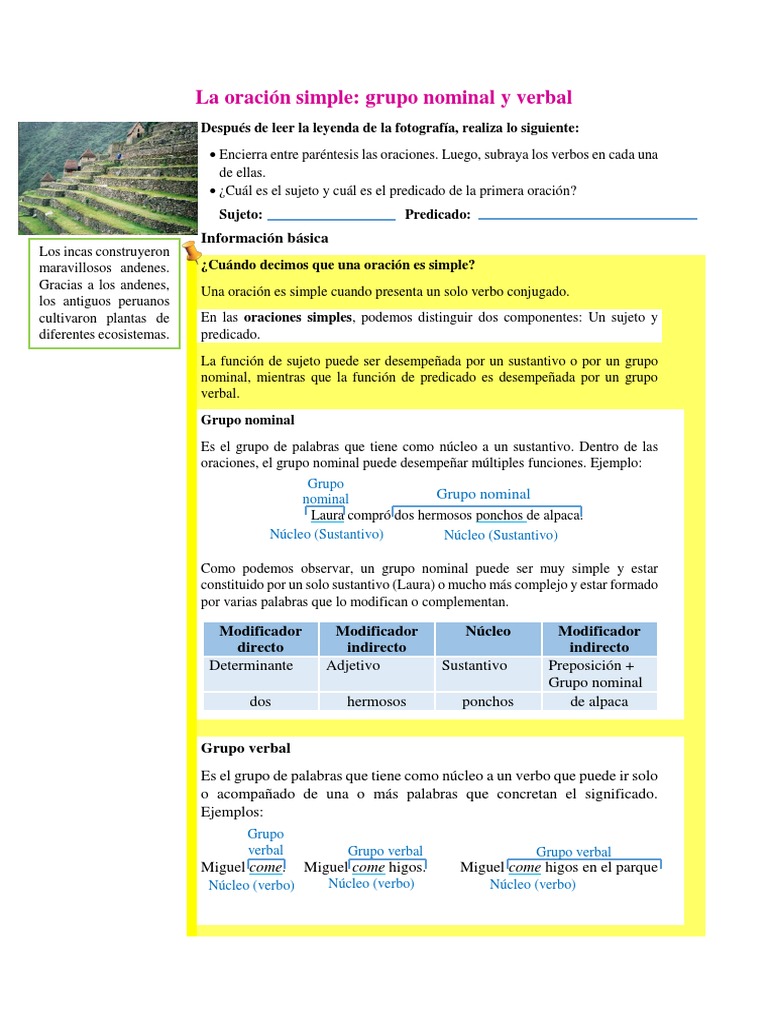 La Oración Simple Pdf Predicado Gramática Verbo
