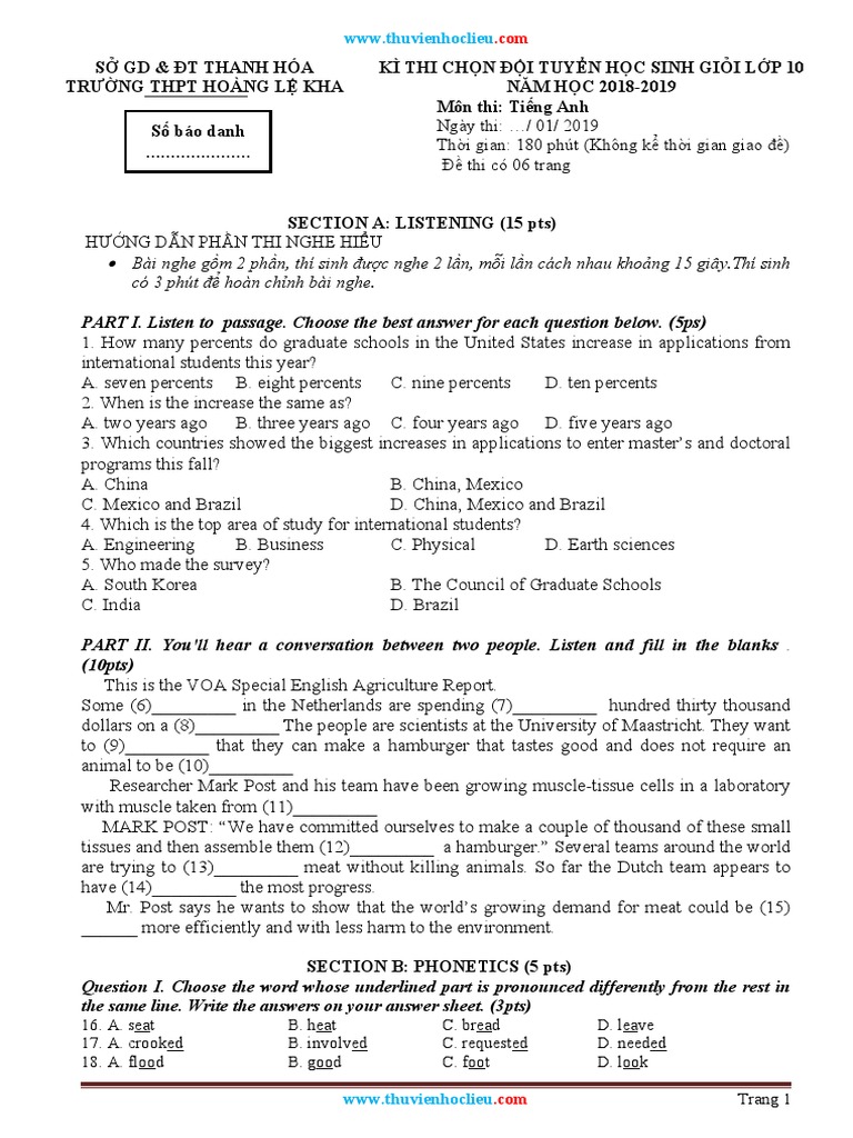 De Thi HSG Tieng Anh 10 de 1 | PDF | Mobile Phones | Internet