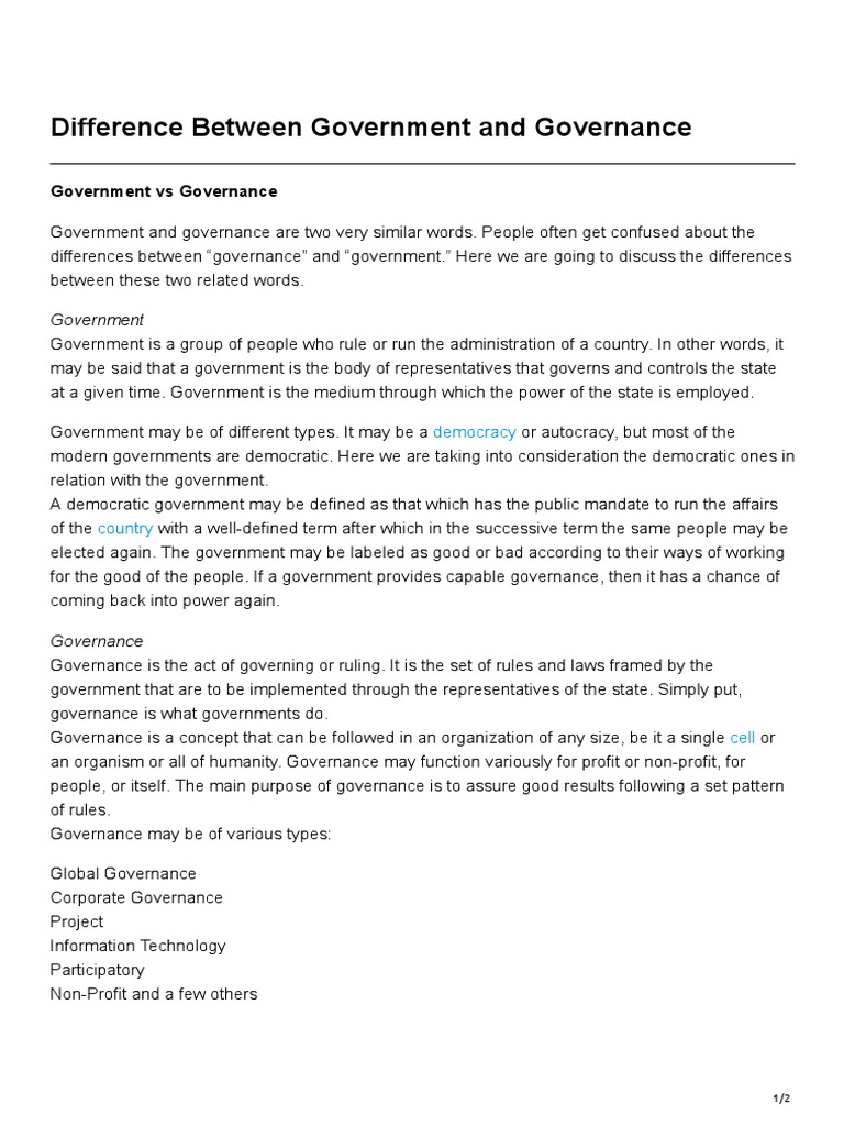 Difference Between Government and Governance | PDF | Governance ...