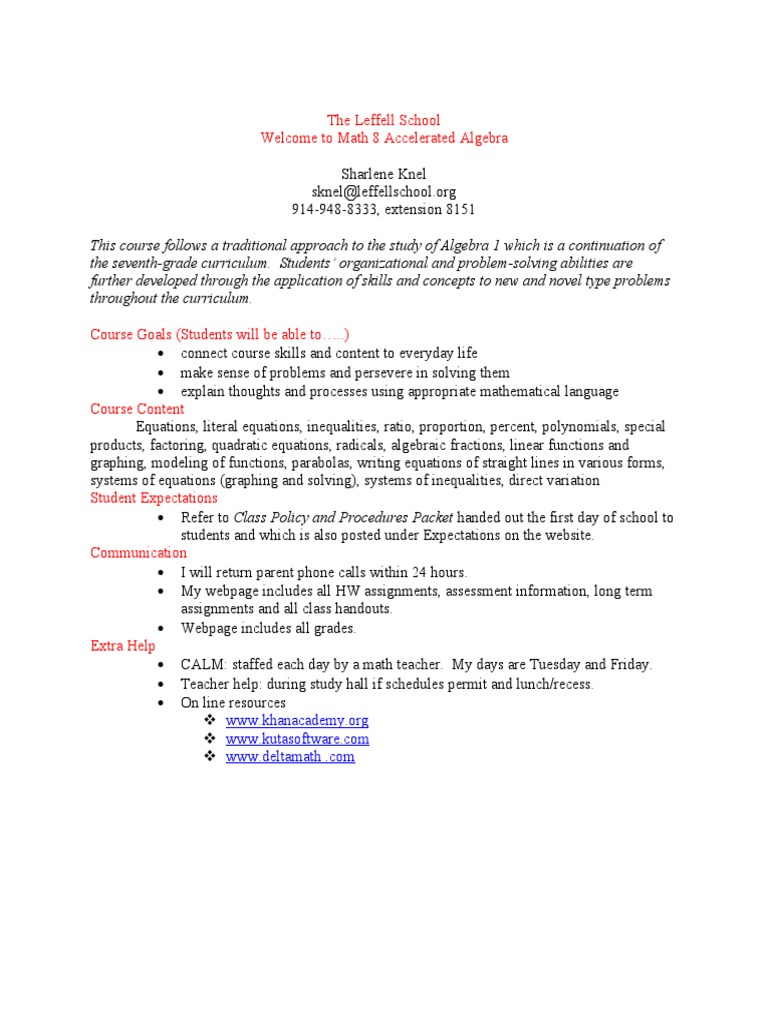 Math 8 Accelerated Course Overview Parent Information | PDF | Career ...