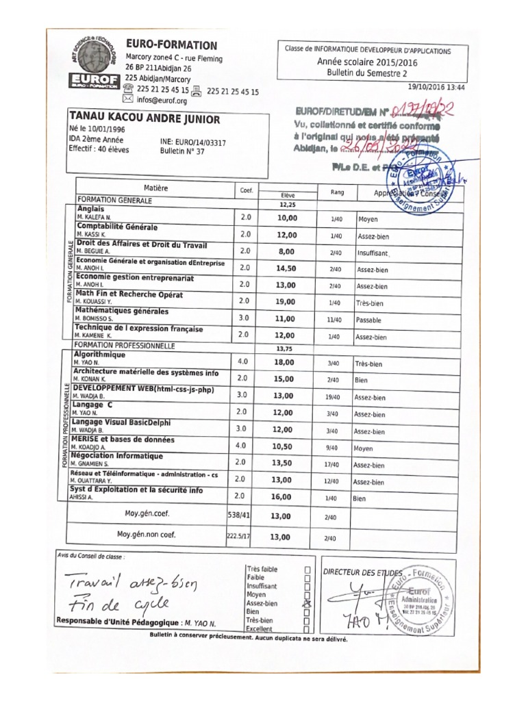 Relevé de Notes 2ème Année Du Brevet de Technicien Supérieur en ...