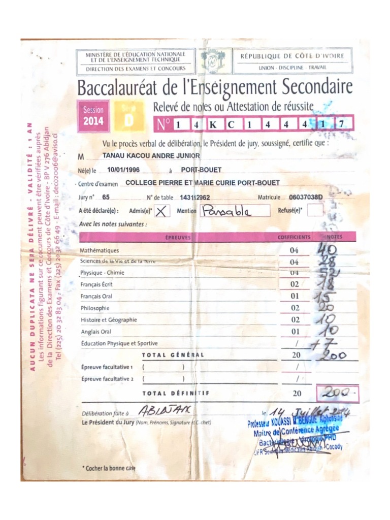 Relevé de Note Du Baccalauréat de L'enseignement Secondaire - Copie ...