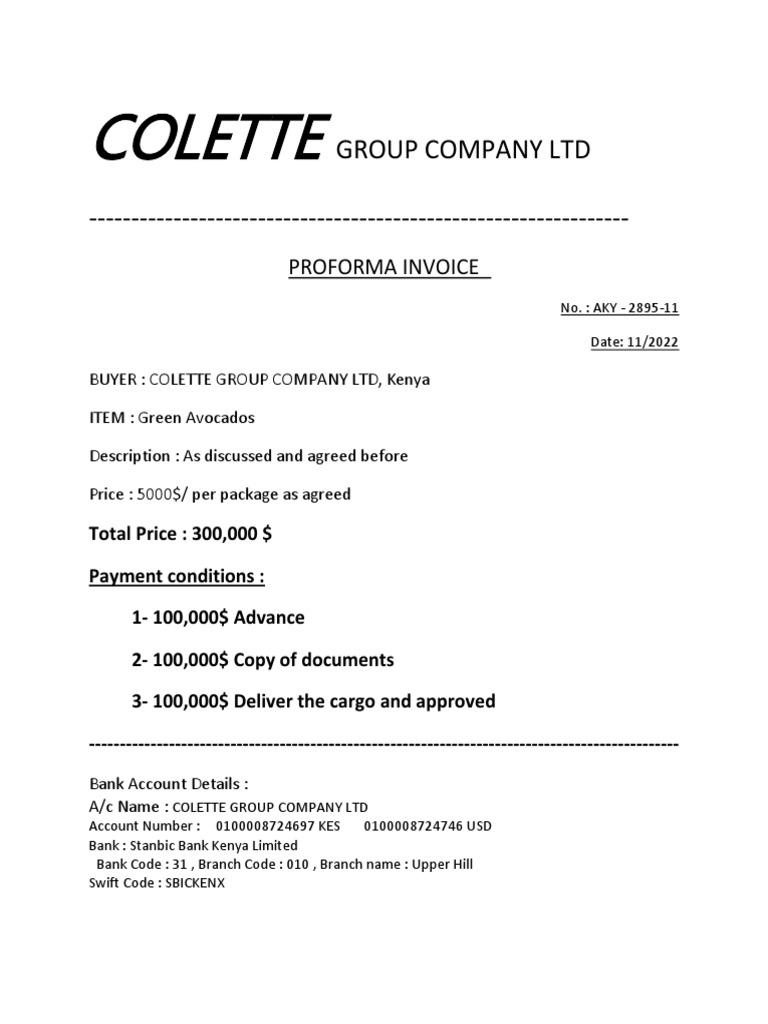 Proforma Invoice for Green Avocados | PDF