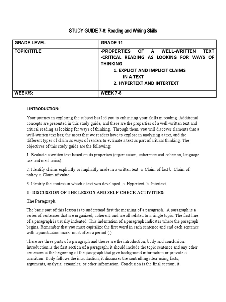 Reading and Writing.Q3 Weeks 7 8 | PDF | Intertextuality | Grammar