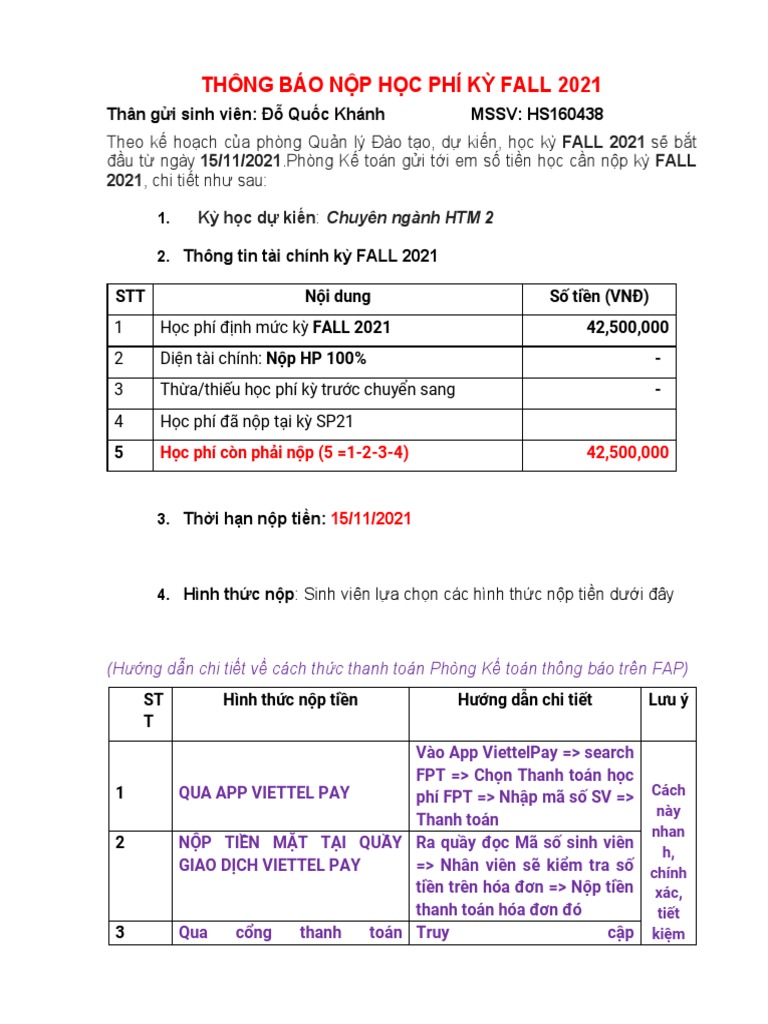 Thông Báo Nộp Học Phí Kỳ Fall 2021 | PDF