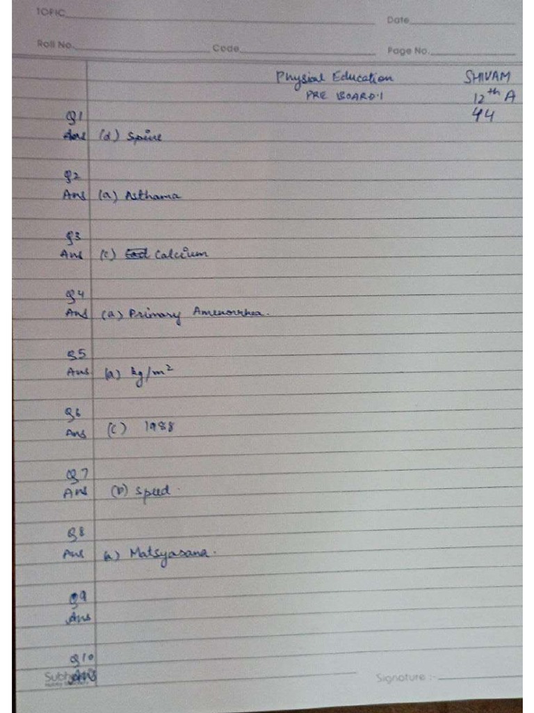Physical Education Answer Sheet - Shivam 12th A | PDF