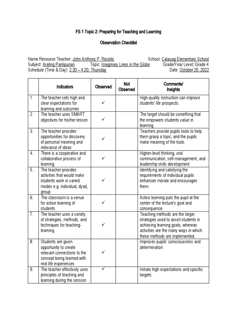 #3 Observation Checklist For FS 1 Topic 2 | PDF | Teaching Method | Teachers
