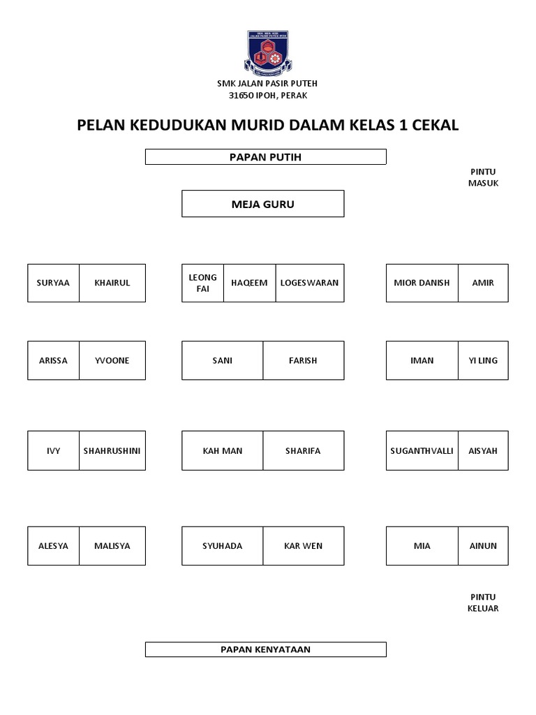 Pelan Duduk Dalam Kelas 1 Cekal 2022-Smkjpp | PDF
