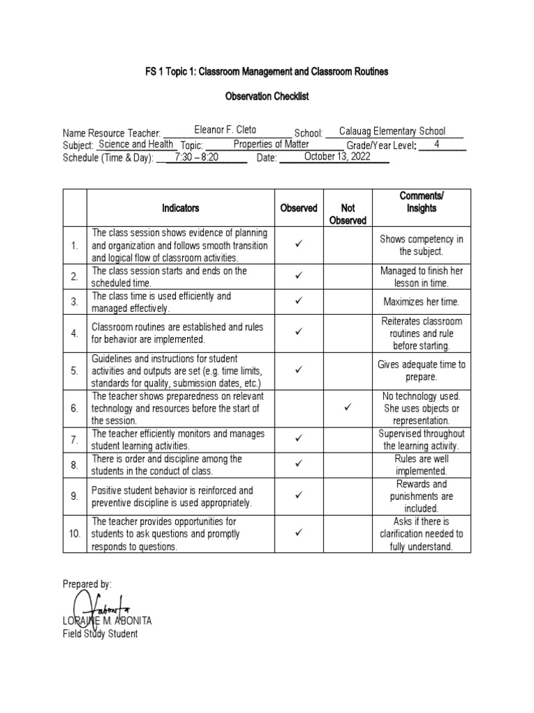 Classroom Management Observation Checklist | PDF | Teachers | Cognitive ...