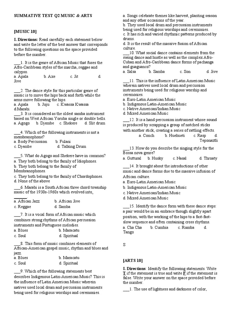 Music and Arts Summative Test Q2 | PDF | Performing Arts