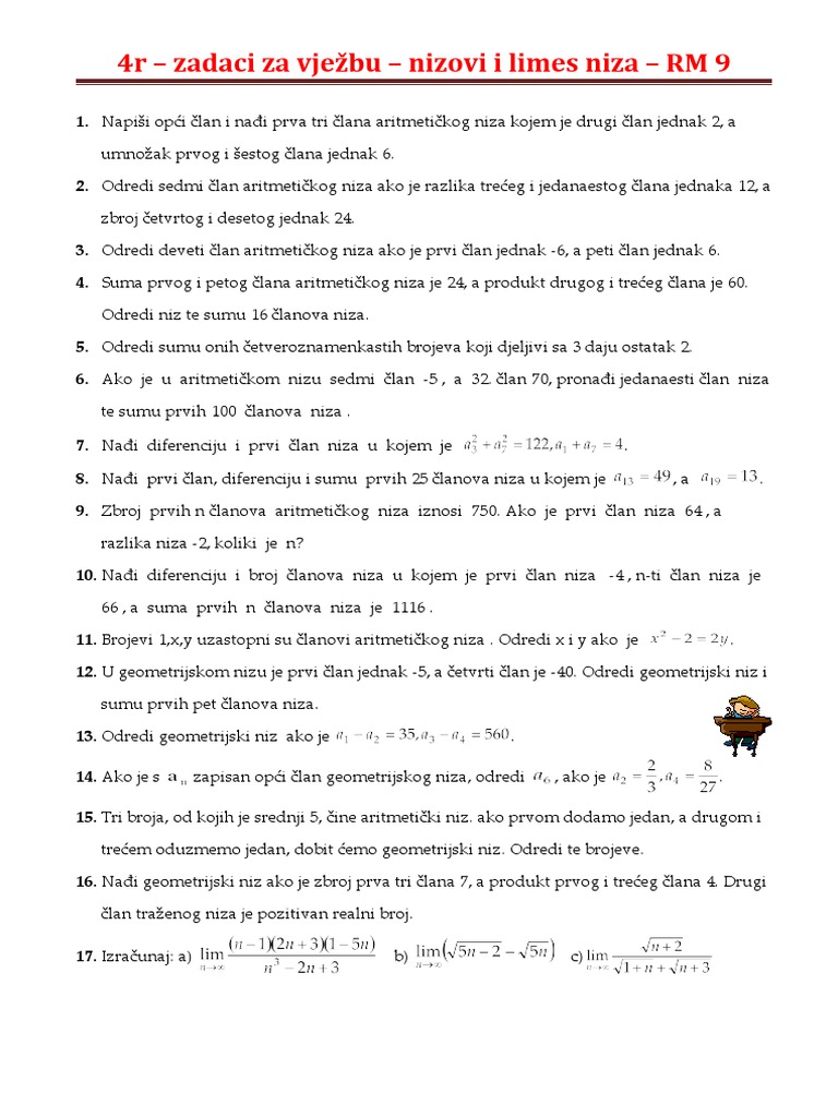 4r - Zadaci Za Vježbu - Nizovi I Limes Niza - RM 9 | PDF