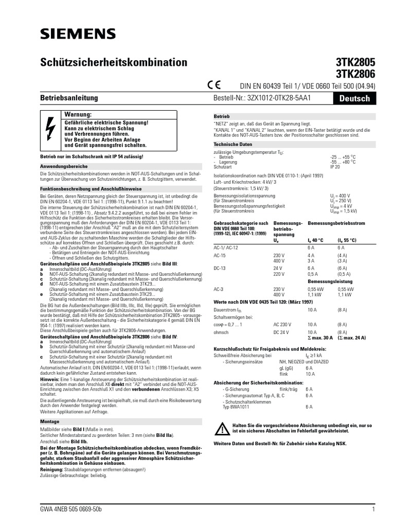 Schützsicherheitskombination 3TK2805 3TK2806: Betriebsanleitung | PDF
