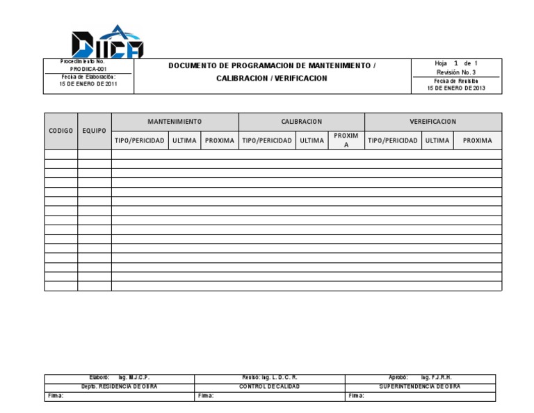 Formato de Programacion de Mantenimiento, Calibracion, Verificacion | PDF