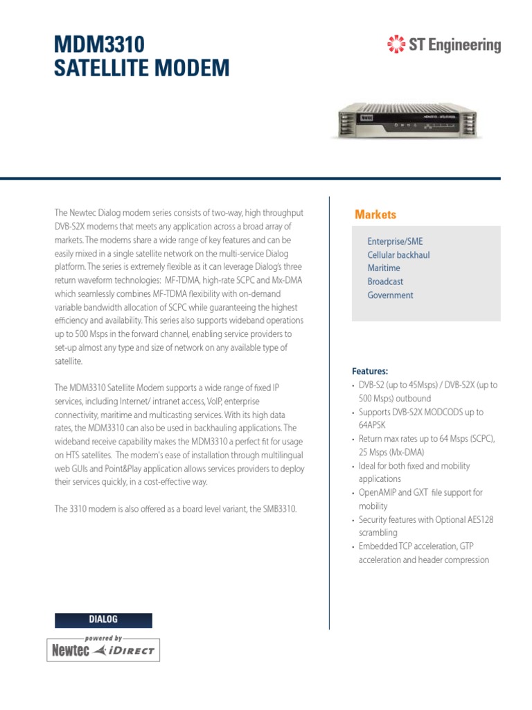 Product Sheet MDM3310 Satellite Modem | PDF | Computer Network | Modem