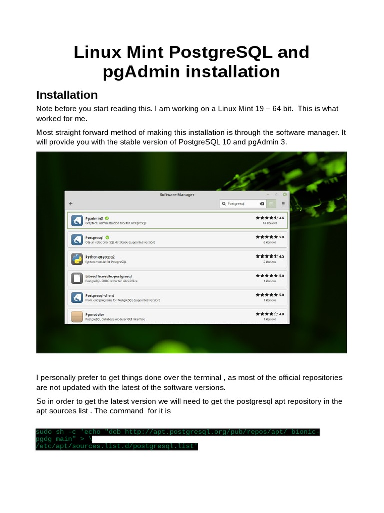 Linux Mint PostgreSQL and pgAdmin installation guide | PDF | Postgre Sql | Sudo