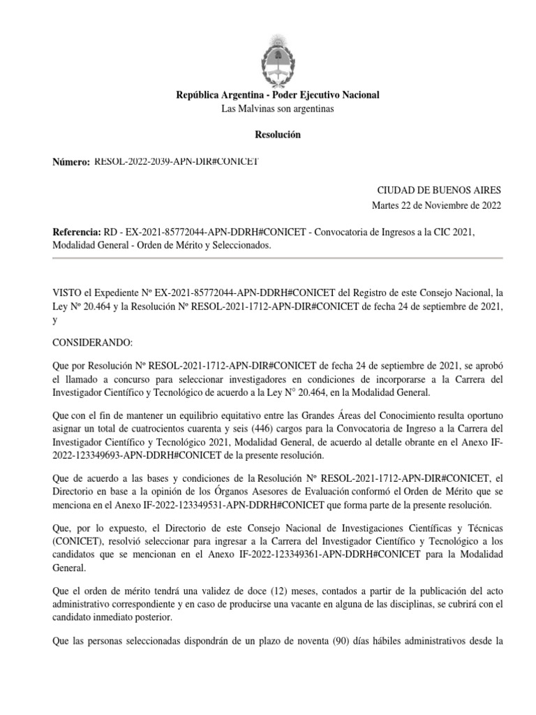 Resol 2022 2039 Apn Dirconicet | PDF