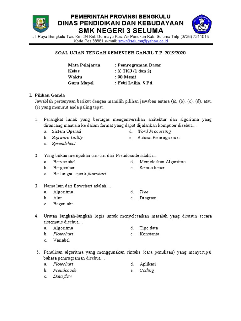 Soal Uts Pemrograman Dasar X TKJ | PDF
