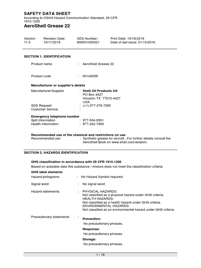 AeroShell Grease 22 Safety Data Sheet | PDF | Occupational Safety And ...