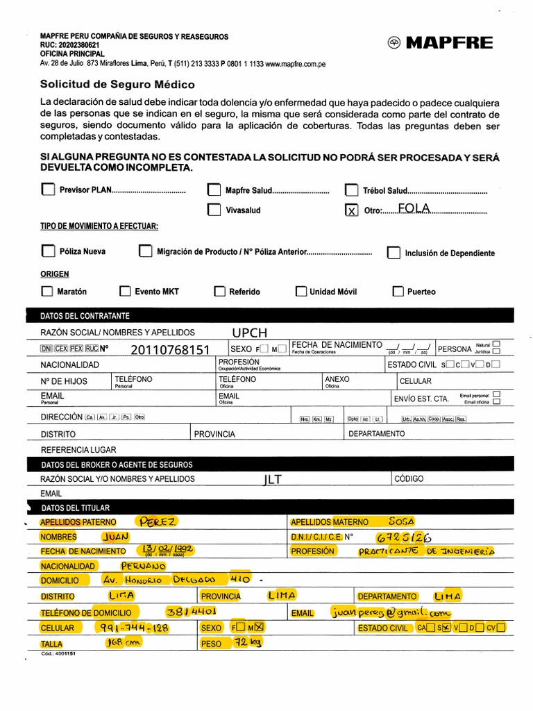 Ejemplo Llenado Seguro Medico Mapfre - Practicante | Descargar gratis PDF | Seguro | Póliza de ...