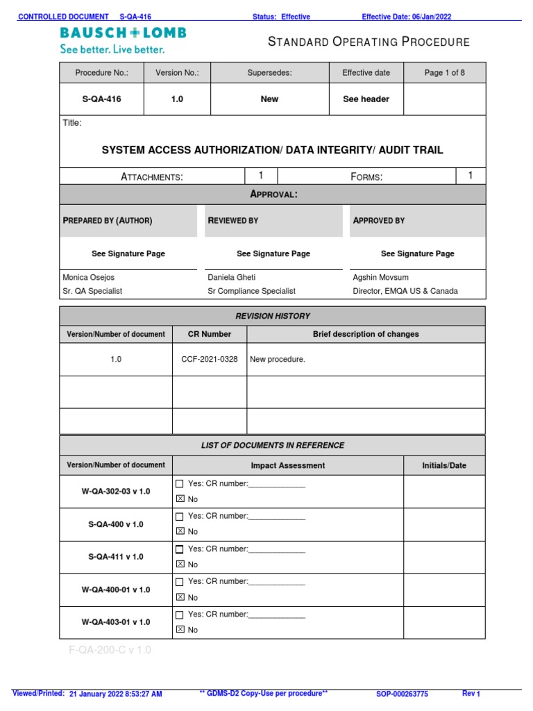 SOP-000263775 System Access Authorization DI - Audit Trail | PDF ... SOP-000263775 System Access Authorization DI - Audit Trail | PDF ...