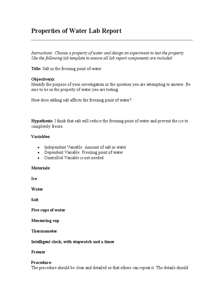 Properties of Water Lab Report | PDF | Water | Experiment