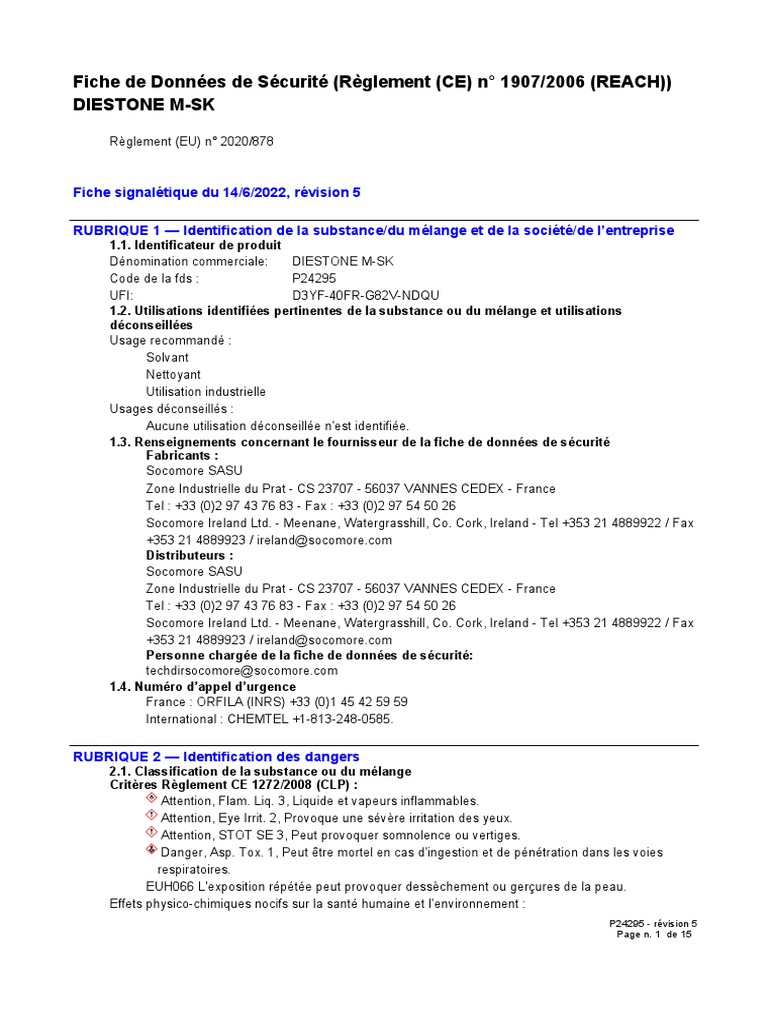Diestone M SK Sds French CLP Europe | PDF | Substances chimiques ...
