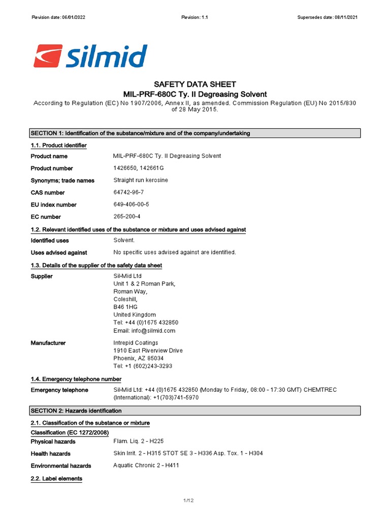 Intrepid Mil-Prf-680c Type II - Silmid Sds 6-1-22 | PDF