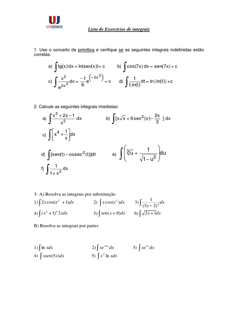 Exercícios de Integrais: Primitivas e Cálculos | PDF