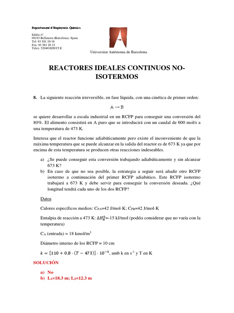 Problemes Reactors No-Isotermes | Descargar gratis PDF | Reactor Quimico | Equilibrio químico